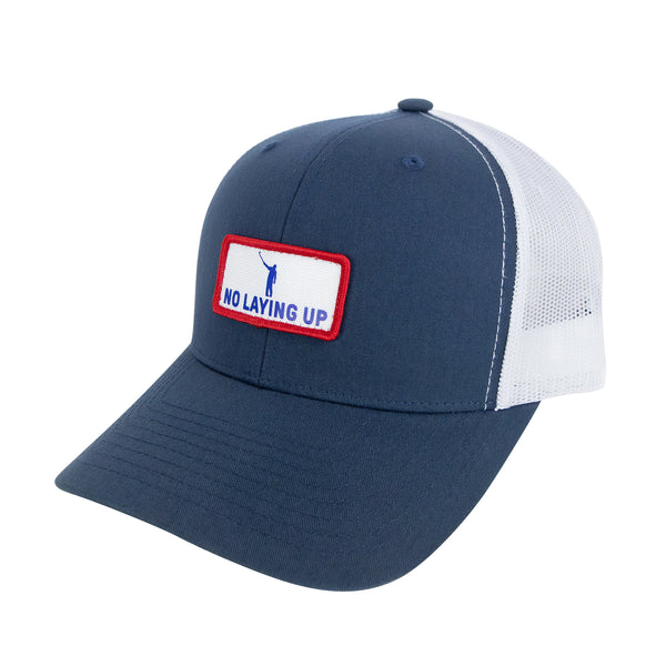No Laying Up Wayward Patch Trucker Hat | Navy/White w/ Red, White, & B
